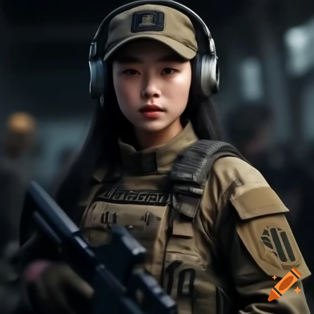Chinese female soldier in tactical gear with headphones and long hair ...