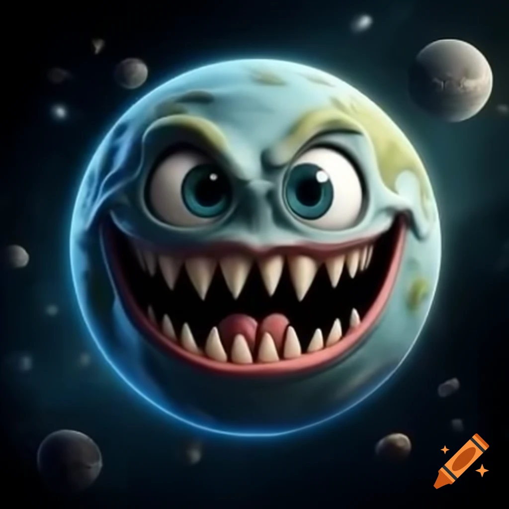 Cartoon planet with a scary smile and sharp teeth on Craiyon