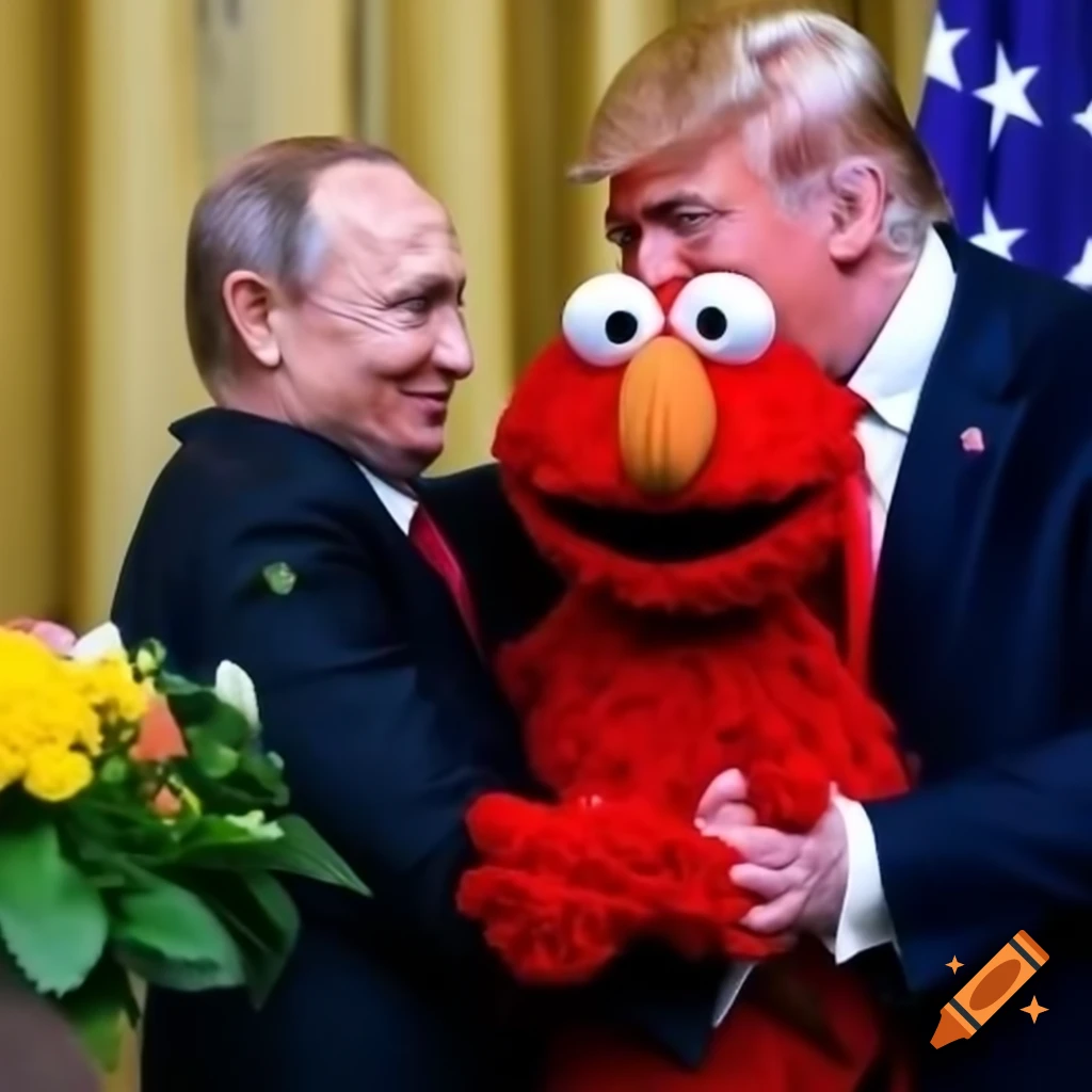 Trump embracing Putin and Elmo with flowers in a whimsical scene on Craiyon