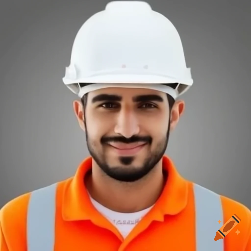 Confident arabic engineer in safety gear with saudi flag on cheek on ...