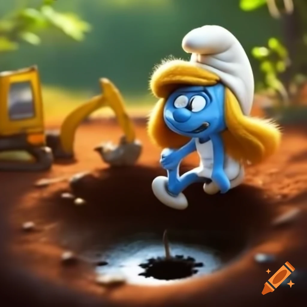 Smurf character using excavator for digging on Craiyon