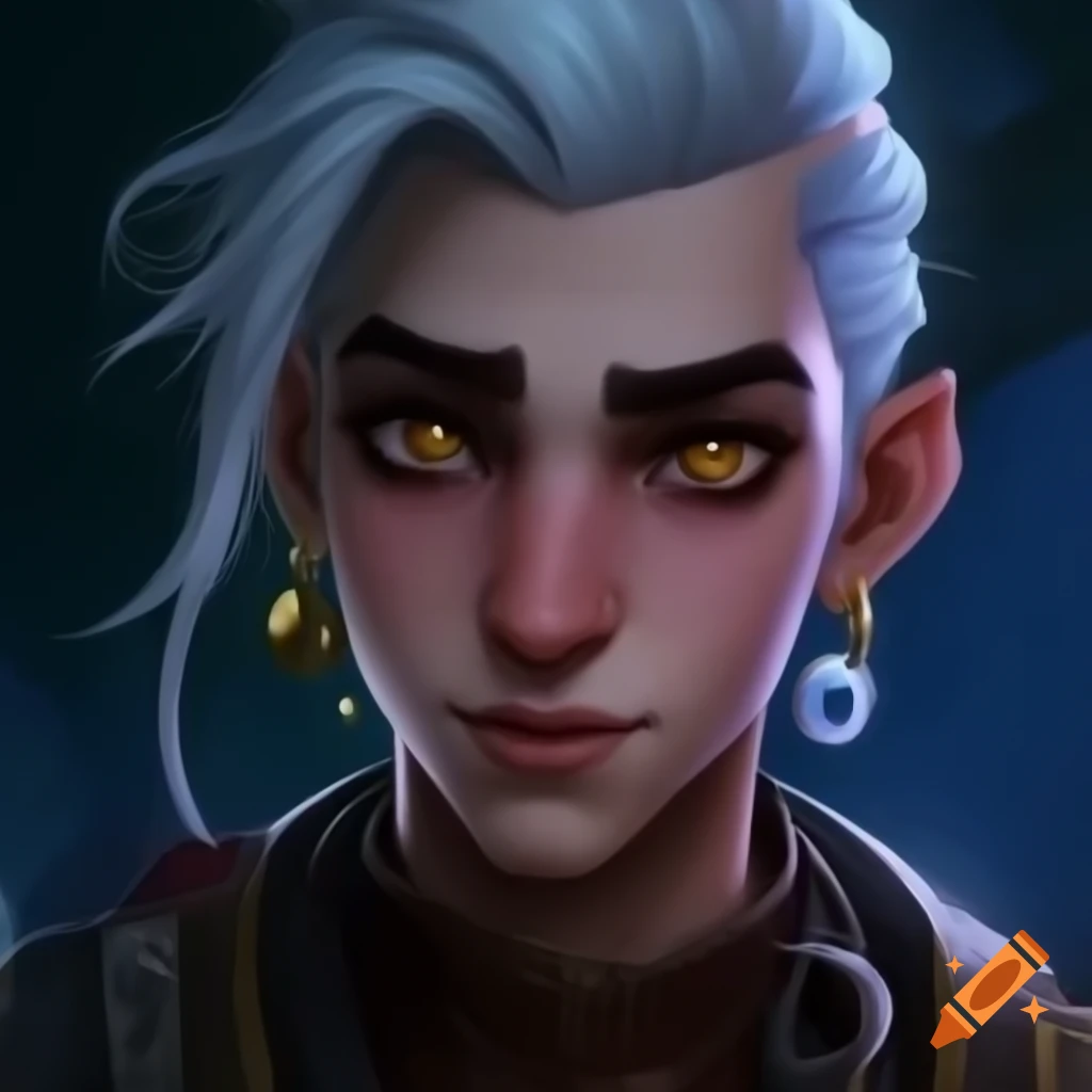 Character design of a young male with long white hair and piercings in ...