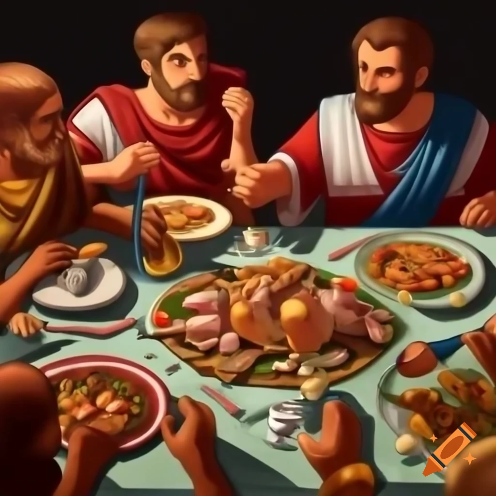 Cartoonish depiction of a roman feast with wealthy romans and luxury ...