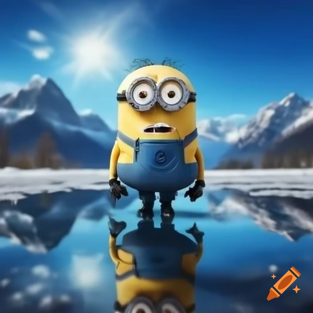 Minion standing triumphantly between snowy mountains with lake below on ...