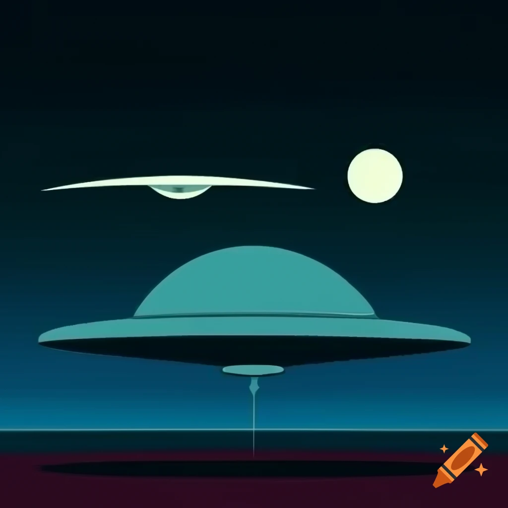 Retrofuturistic UFO illustration with geometric shapes and muted colors ...