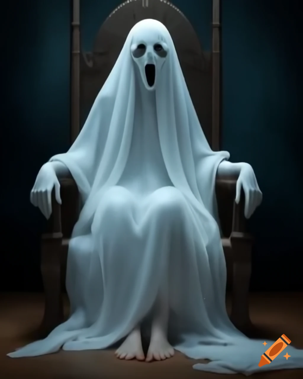 Ethereal female ghost seated on a throne on Craiyon