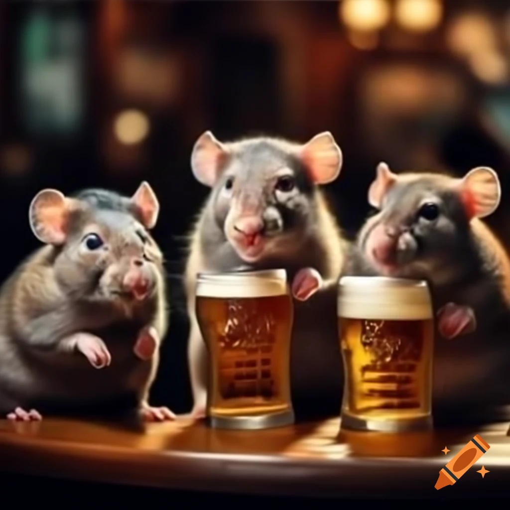 Three rats enjoying beer in an english pub on Craiyon