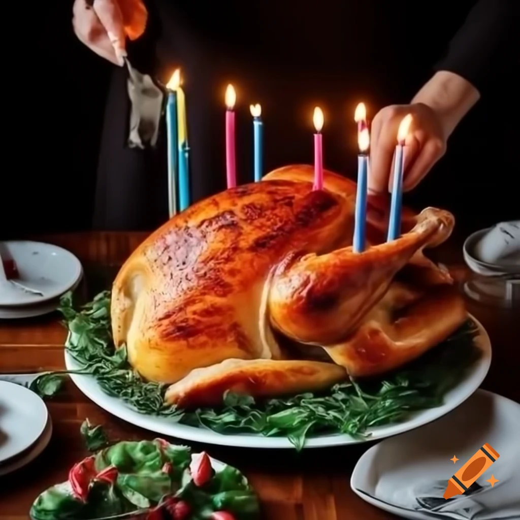 Roasted turkey birthday cake adorned with candles on Craiyon