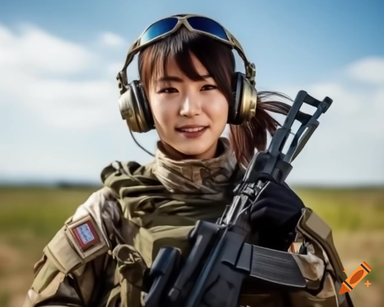 Japanese female soldier in tactical gear with headphones and long brown ...