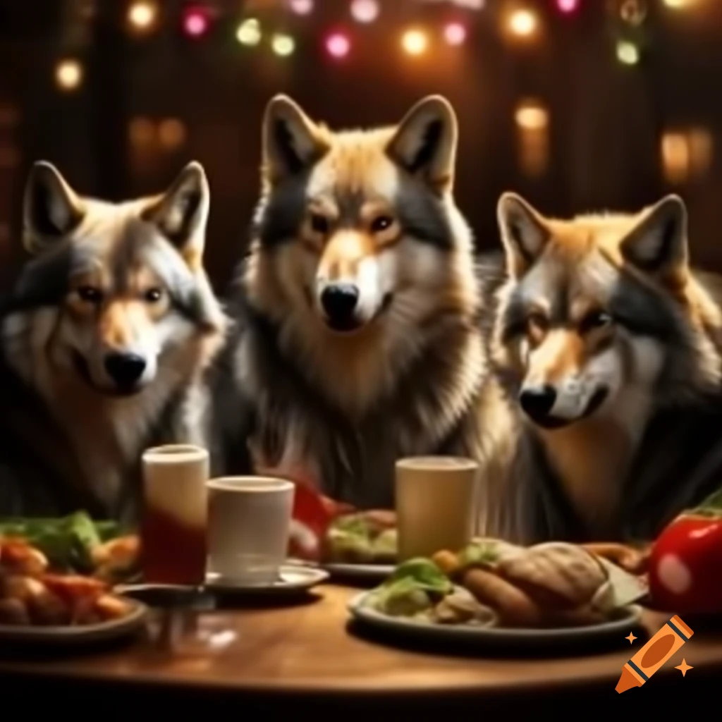 Wolves enjoying a party with coffee and vegetables on Craiyon