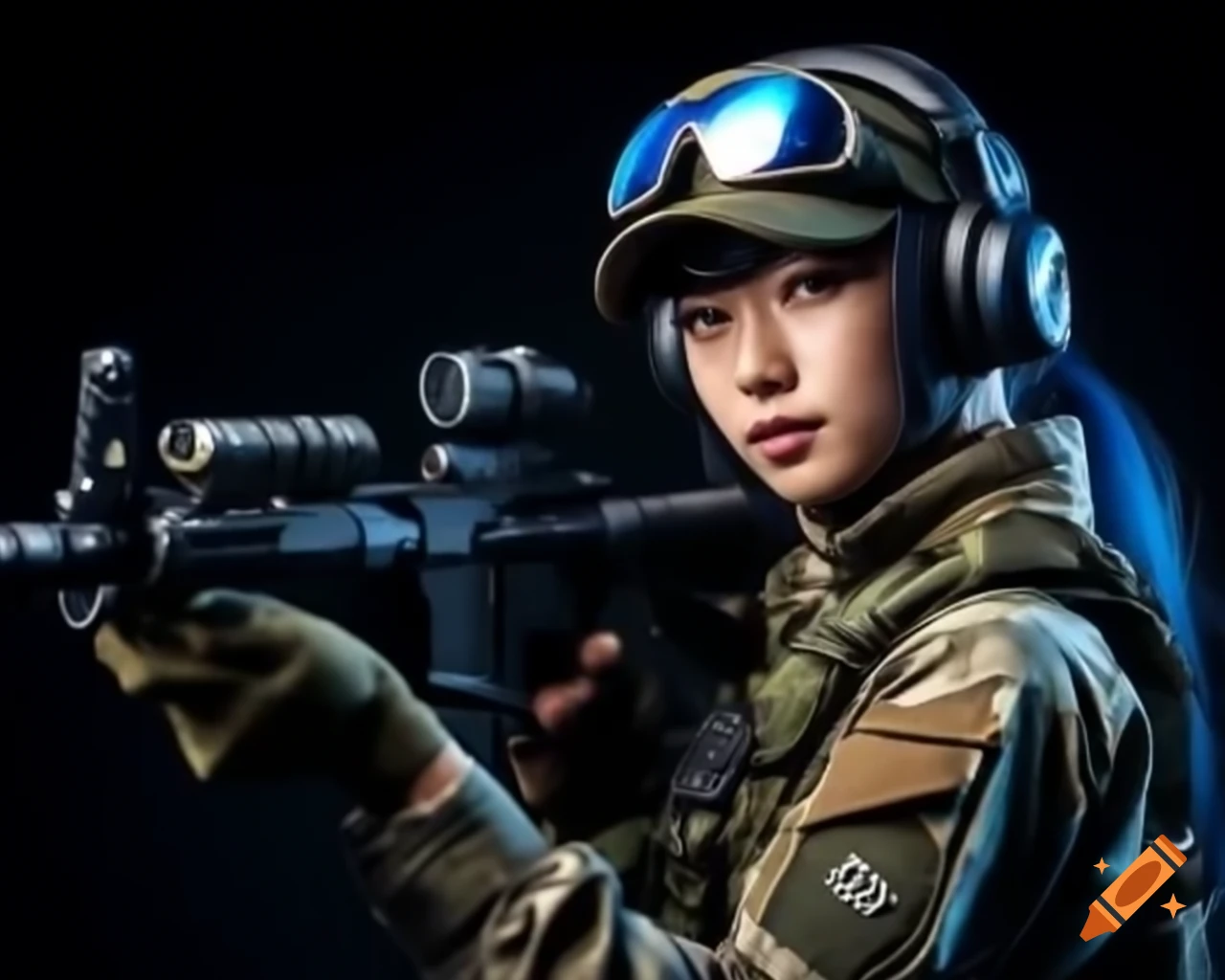 Japanese female soldier in tactical gear with blue hair on Craiyon