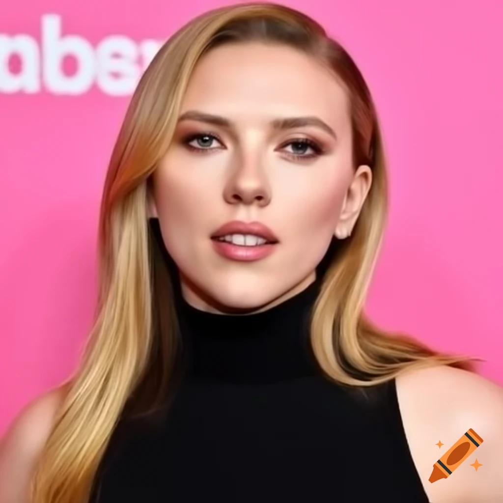 Scarlett Johansson portrait with long hair and black turtleneck against hot pink backdrop on Craiyon