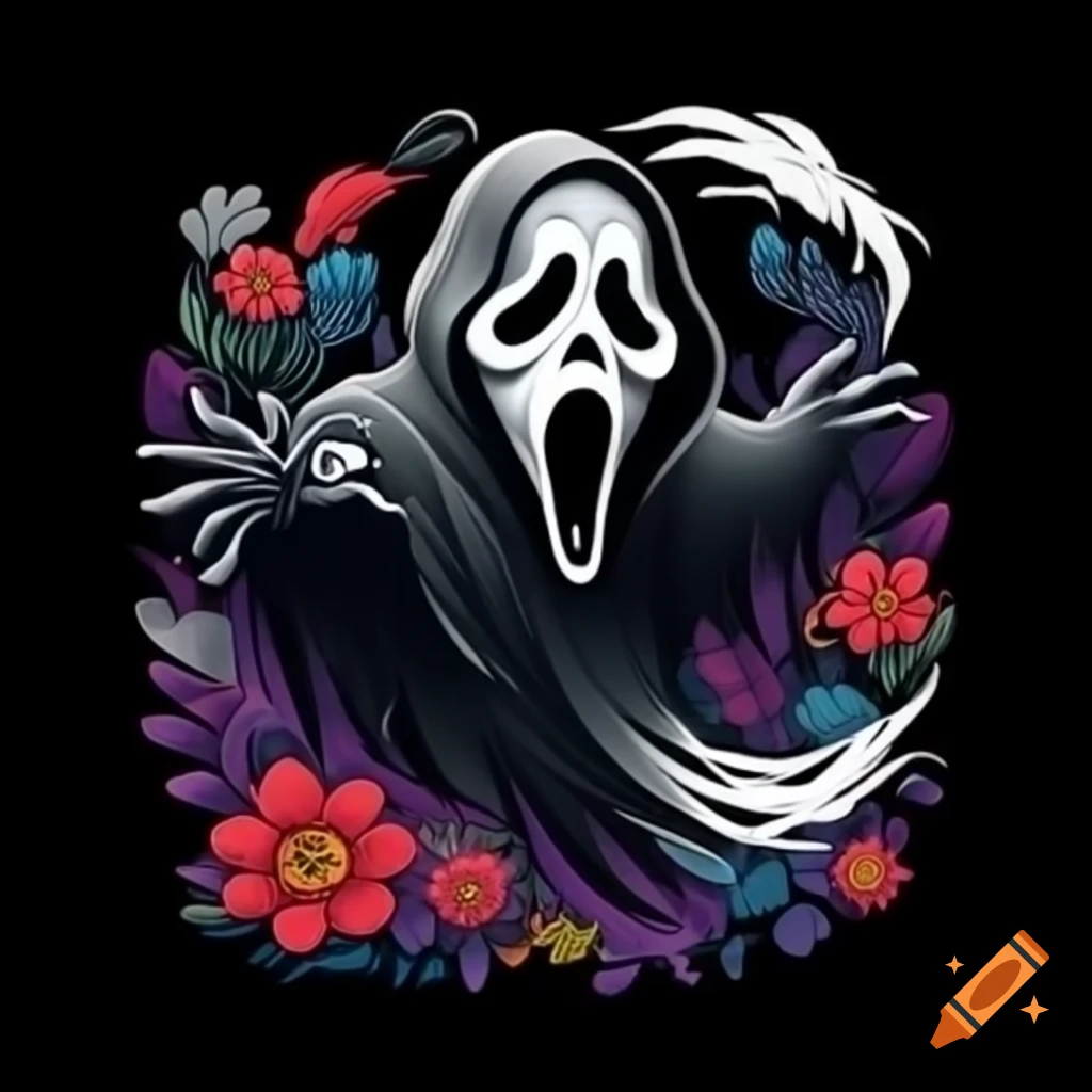 Ghostface running through flowers t-shirt design on Craiyon