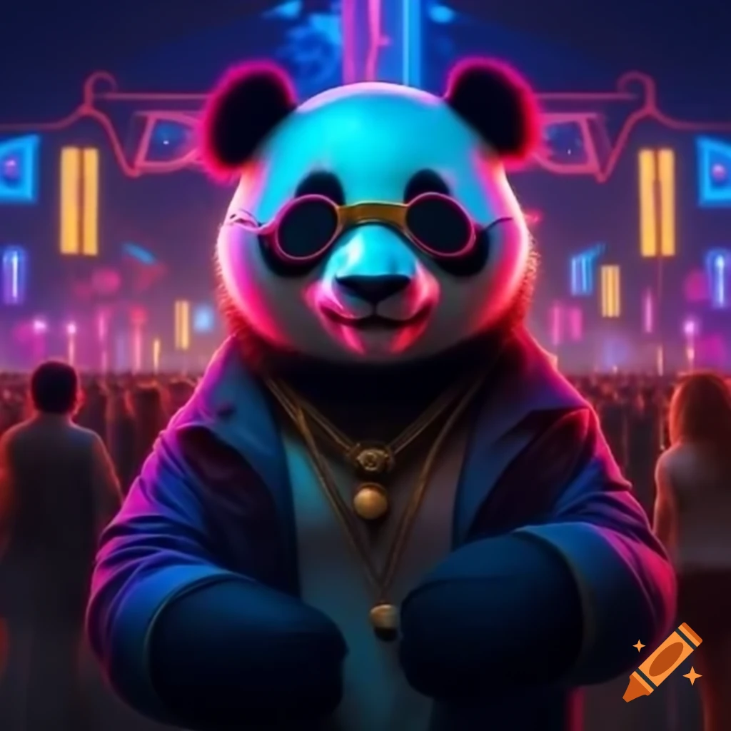 Panda humanoid hybrid raver with neon lights at a festival surrounded ...