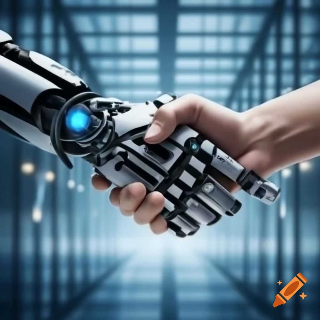 Human shaking hands with a robot in a futuristic setting on Craiyon