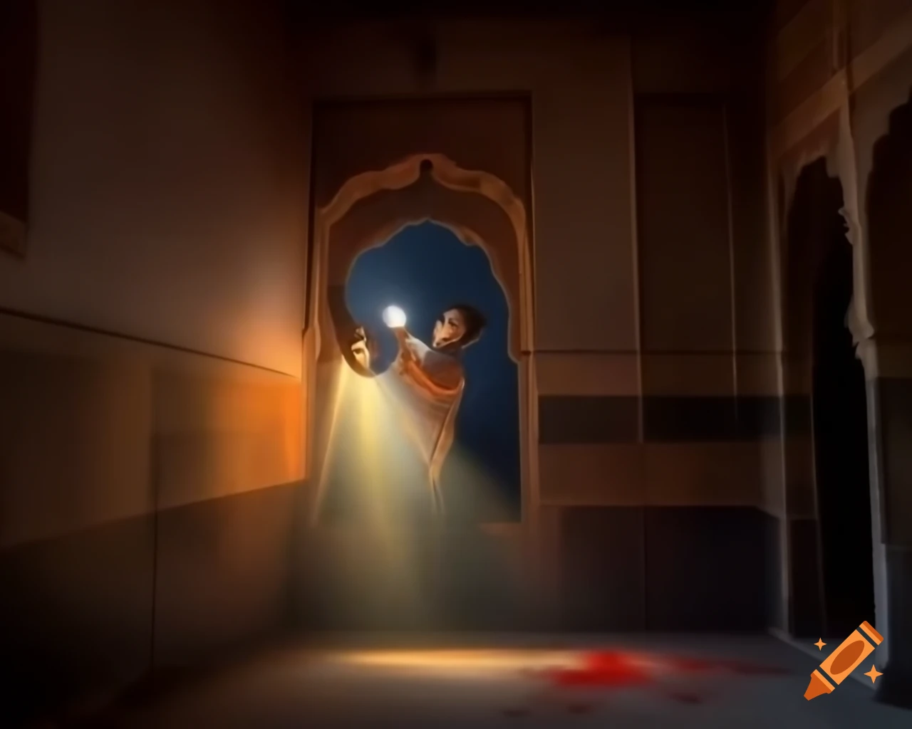 Faded bloodstains and ominous symbols on wall illuminated by flashlight ...