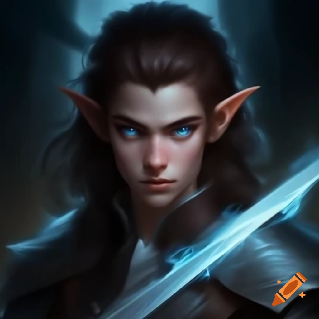 Tall High Half-elf storm sorcerer with glowing pale blue eyes and dark ...