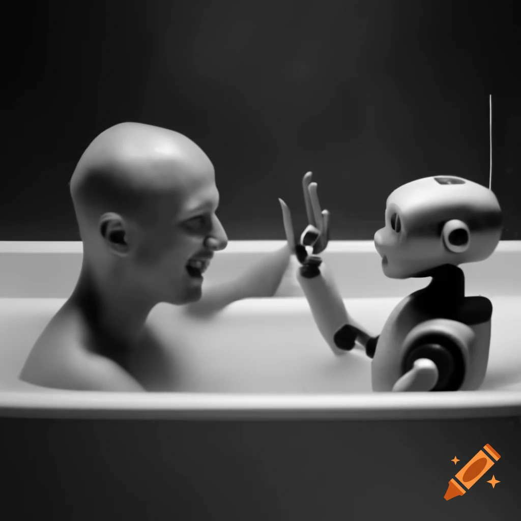 Happy bald man and small robot enjoying suds in black and white ...