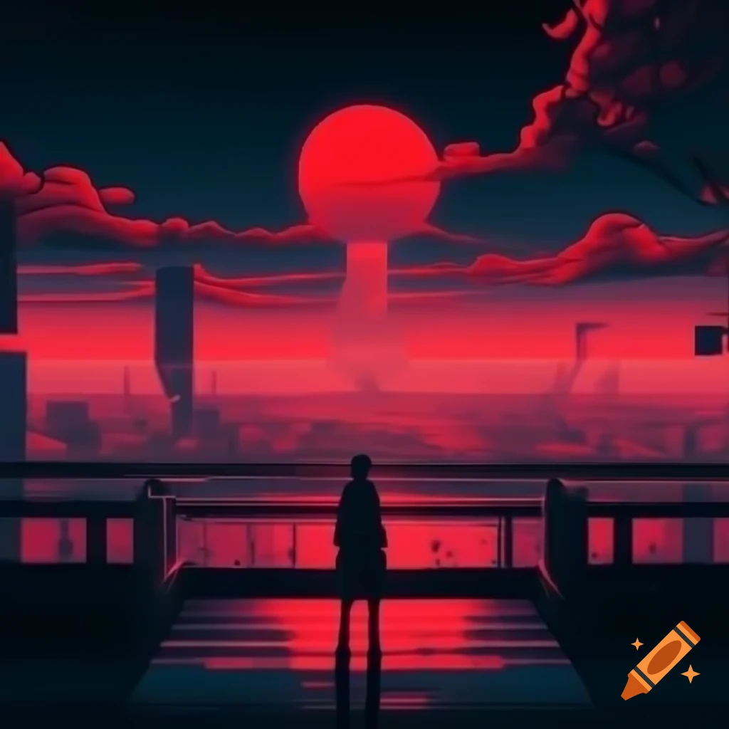 Red-themed anime-inspired futuristic cityscape wallpaper on Craiyon