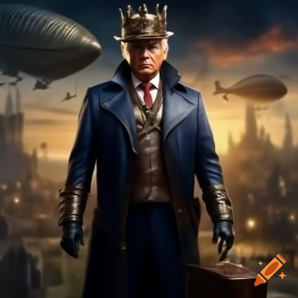 Steampunk kingdom with royalty, airship, crown, scepter, and castle on ...
