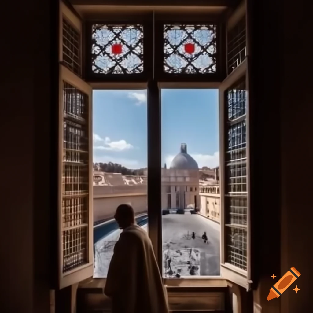 Renaissance window in a room overlooking the Vatican, surrounded by red ...