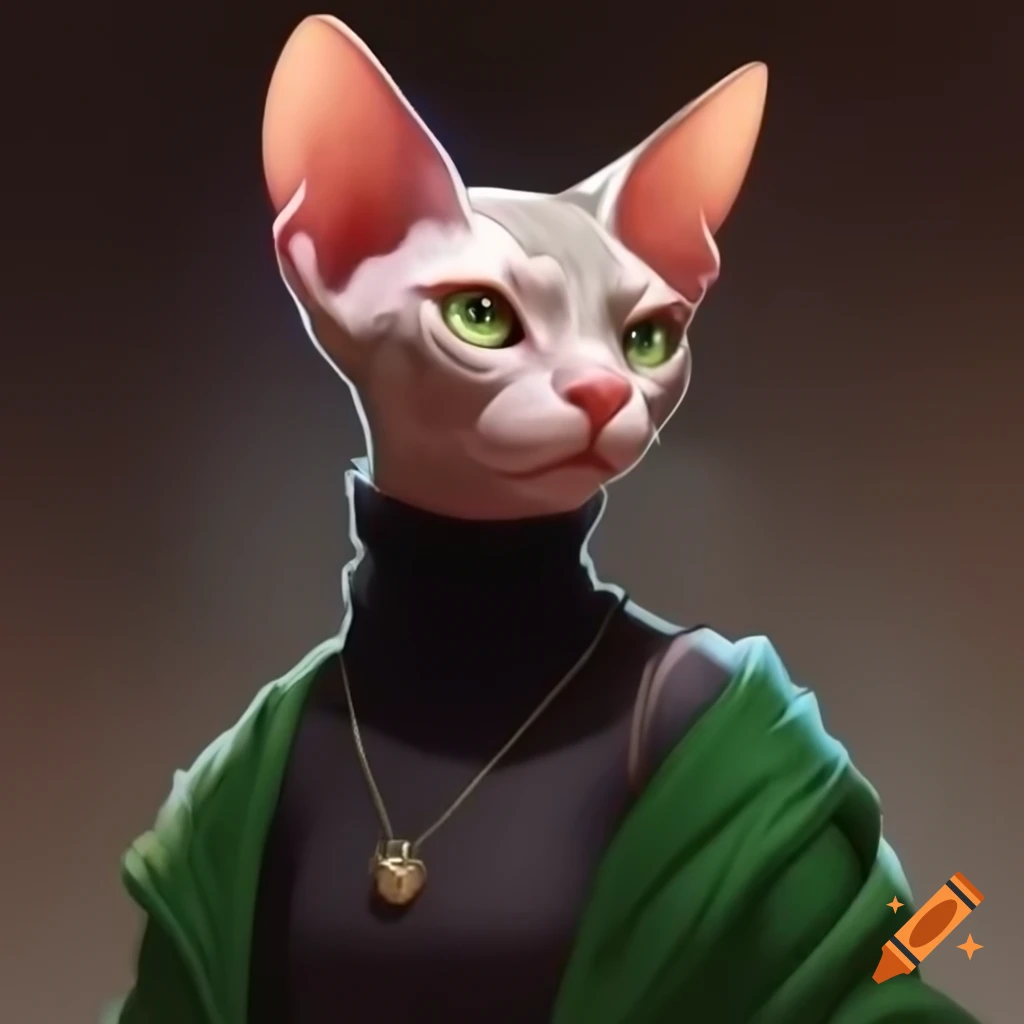 Detailed illustration of a Tabaxi character resembling a sphynx cat ...