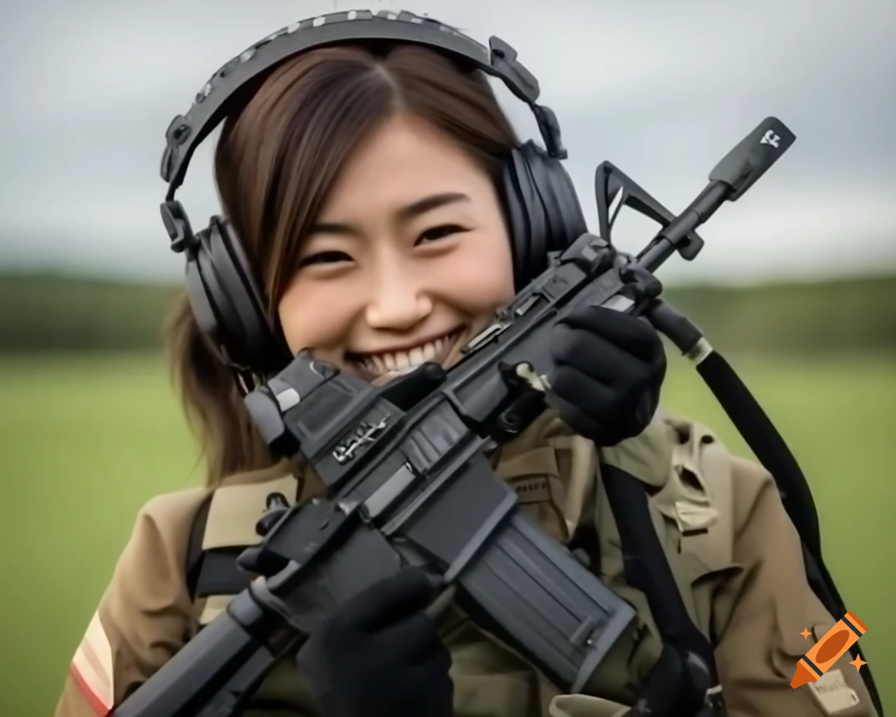 Japanese female soldier in tactical gear with headphones and long brown ...
