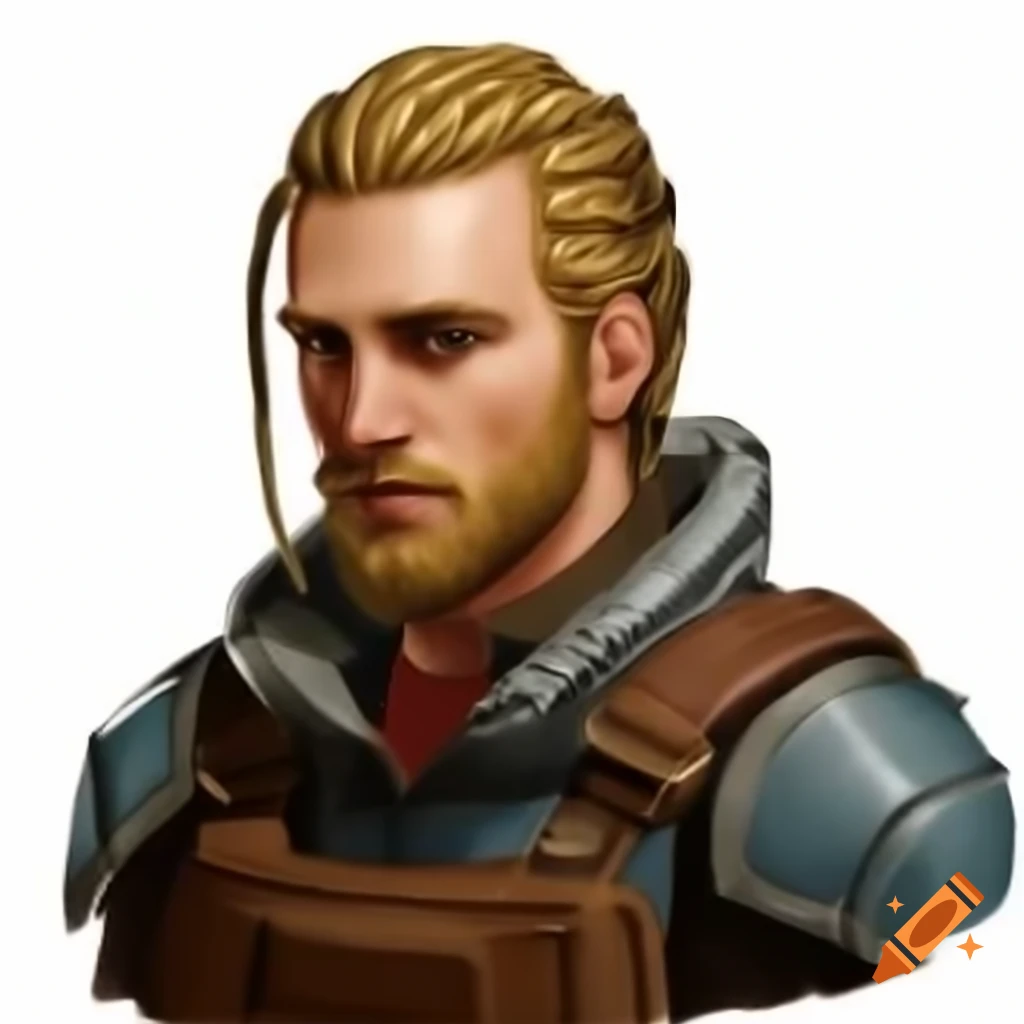 Young man with braided blonde hair in worn raider leather armor in a ...