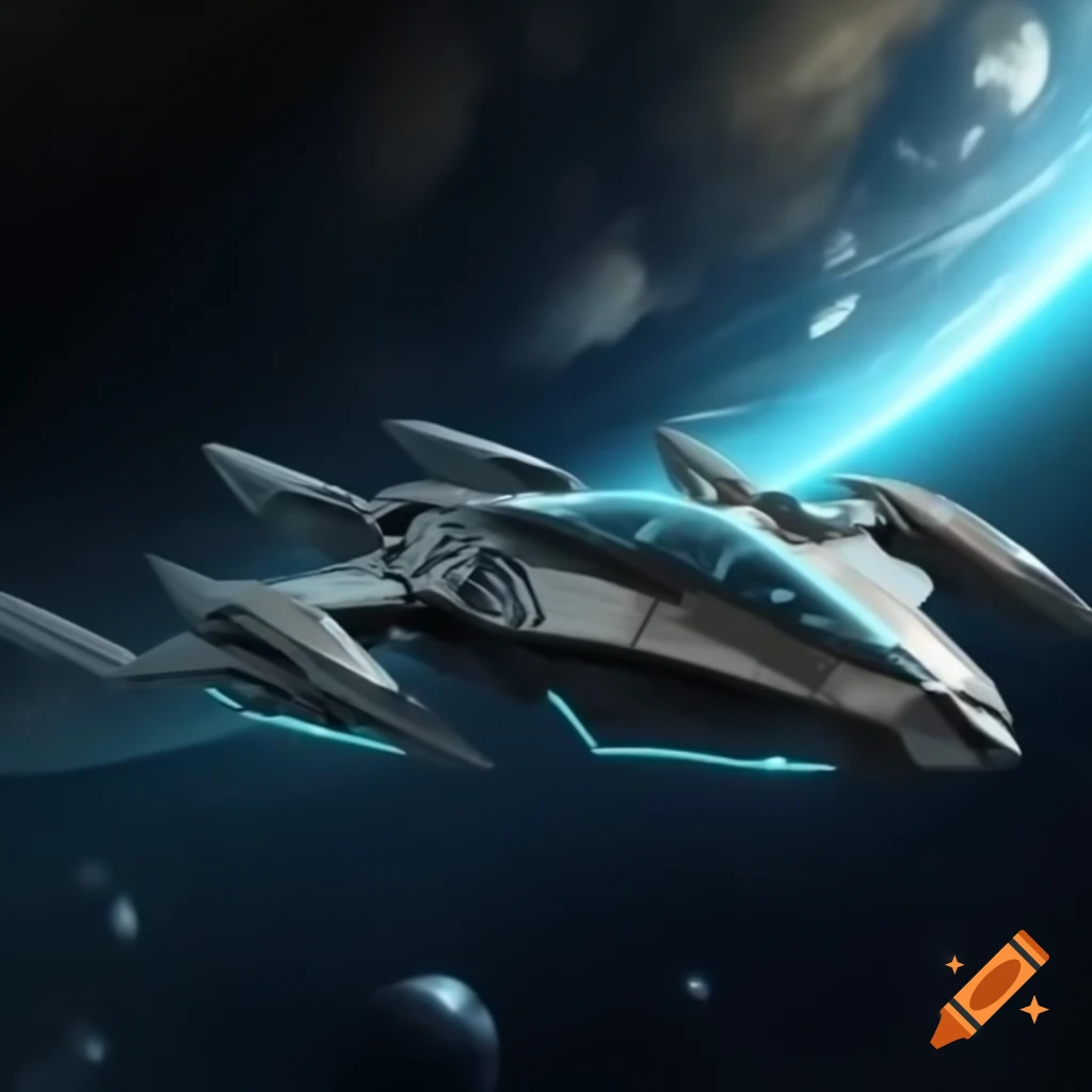 Futuristic winged space vehicle soaring through ultra-realistic space on Craiyon