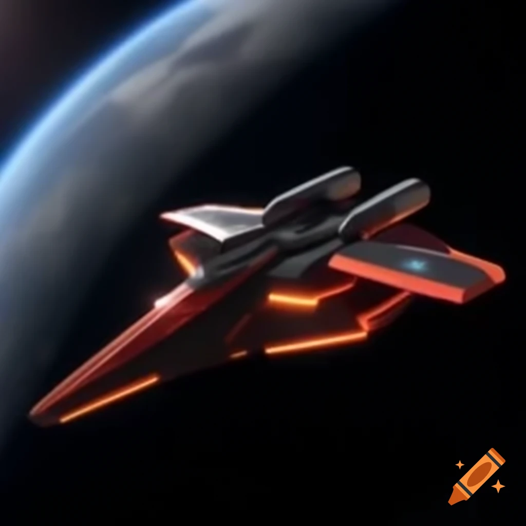 Futuristic wedge-shaped two-person space vehicle in red, black, and ...