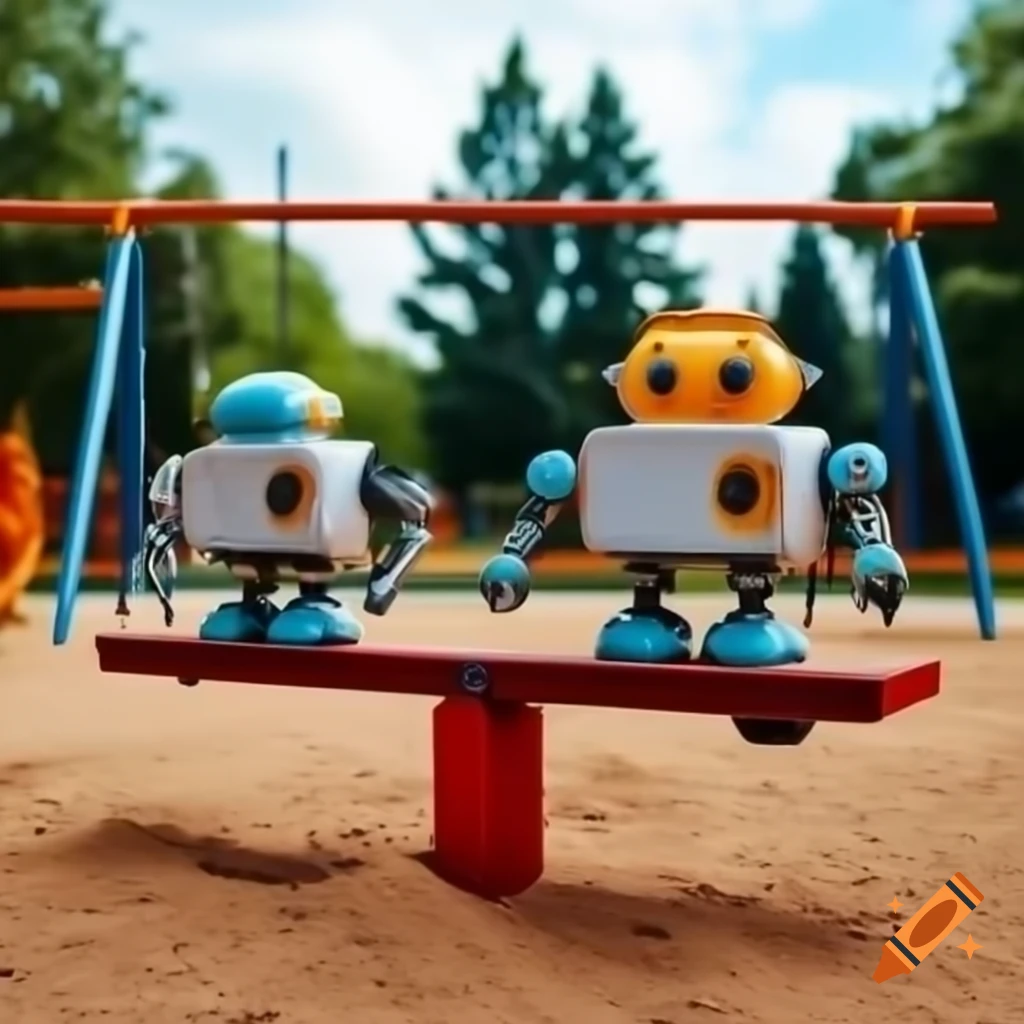 Robots playing on a seesaw at an outdoor playground on Craiyon