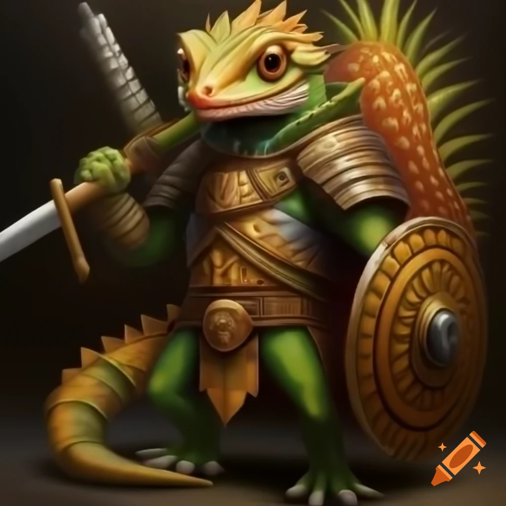 Gecko in pineapple armor striking a heroic pose with sword and shield ...