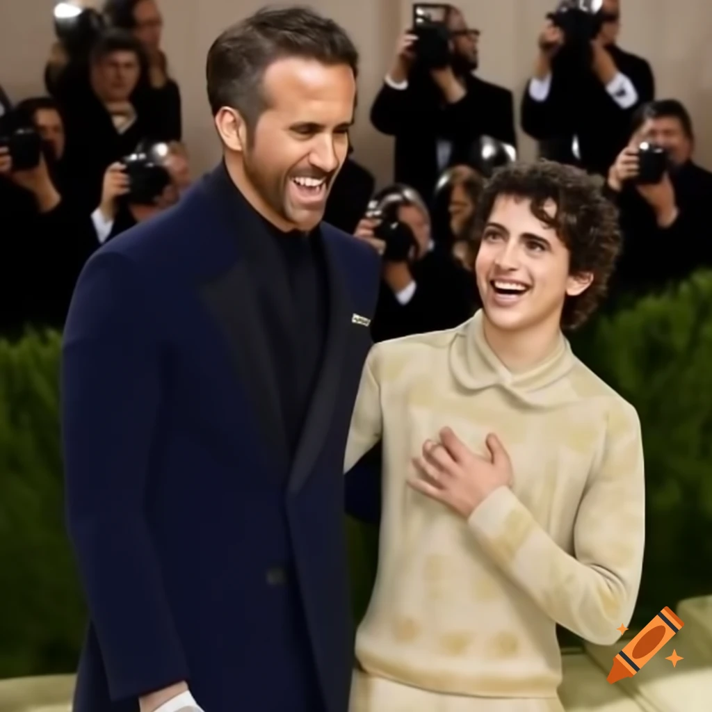 Ryan Reynolds photobombing Timothée Chalamet at the Met Gala, capturing a fun moment on Craiyon