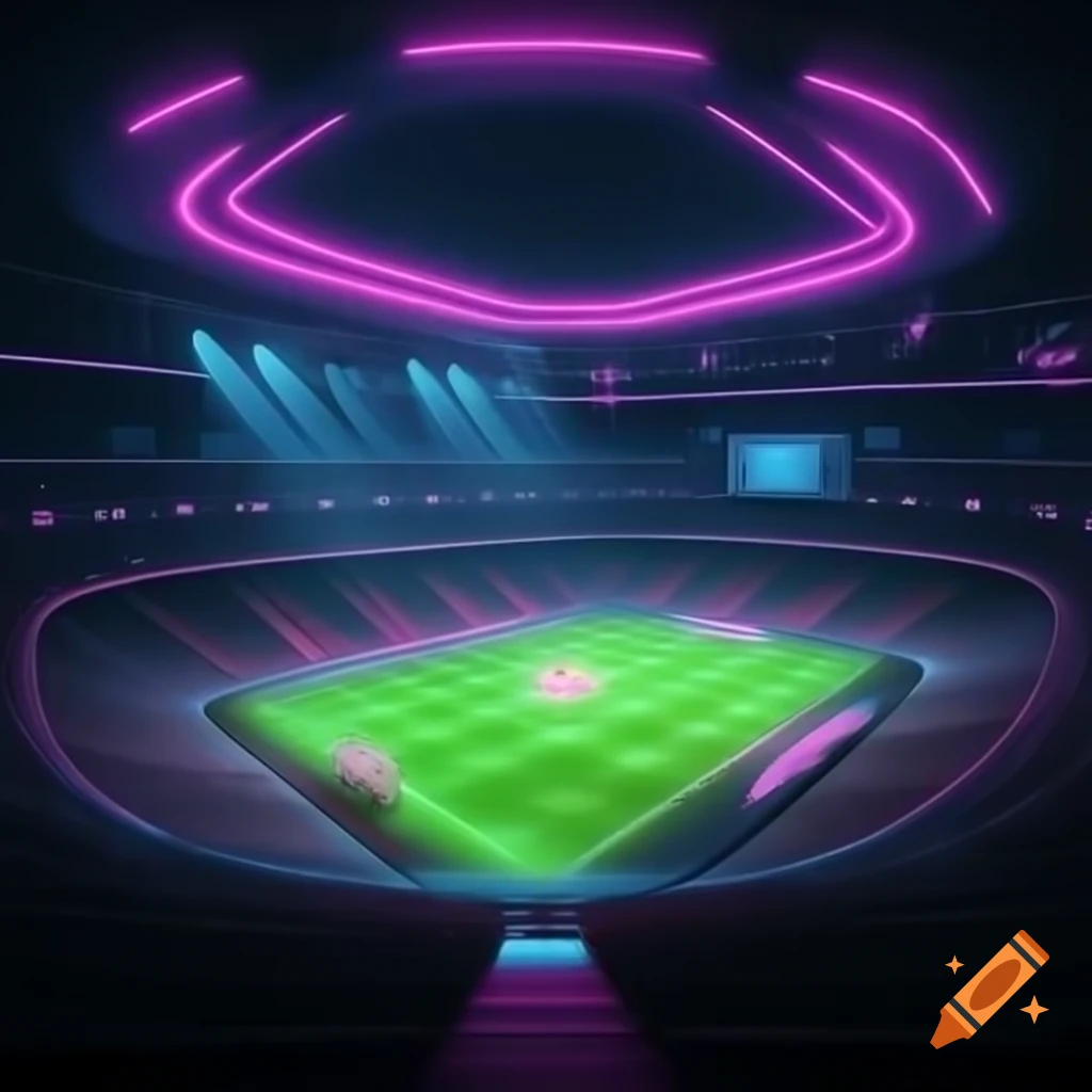 Cyberpunk soccer arena with neon lights in futuristic theme on Craiyon