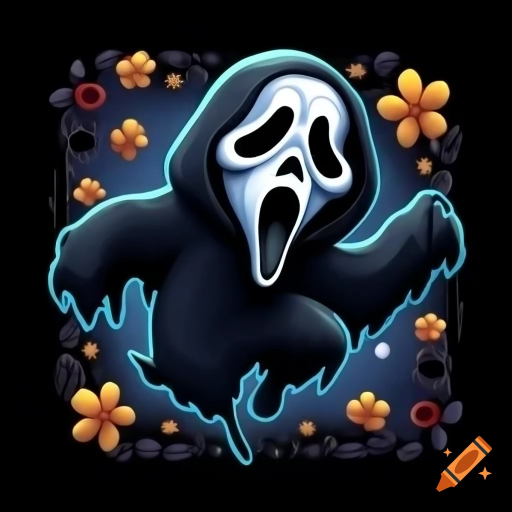 Cartoon ghostface character running through colorful flowers, t-shirt ...