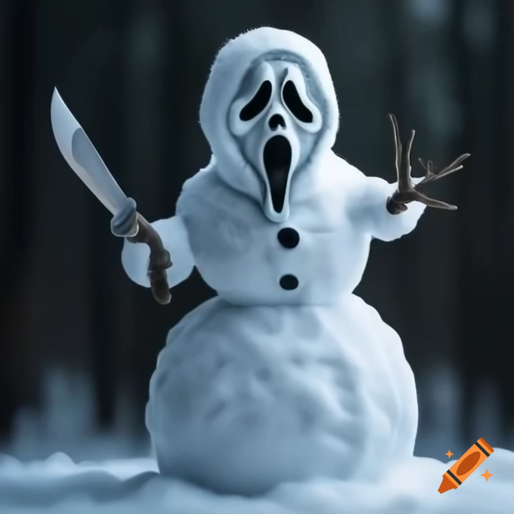 Snowman wearing ghostface mask holding a hunting knife on Craiyon