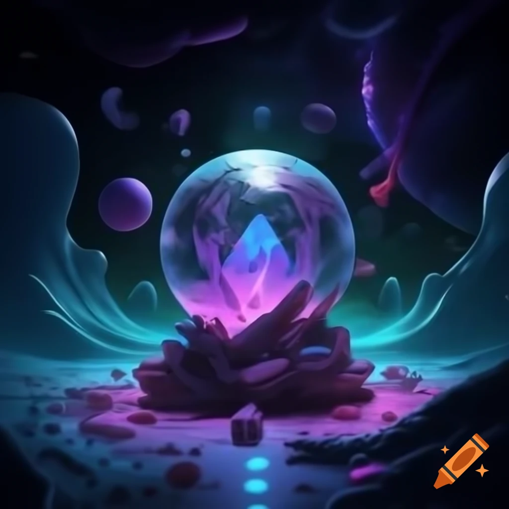 Surreal album cover with glowing crystal orb and vibrant neon waves on ...
