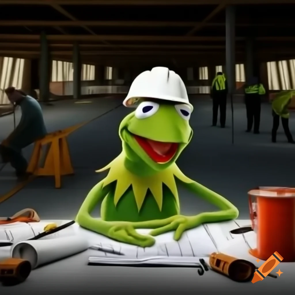Kermit the Frog in construction site discussing blueprints with workers ...