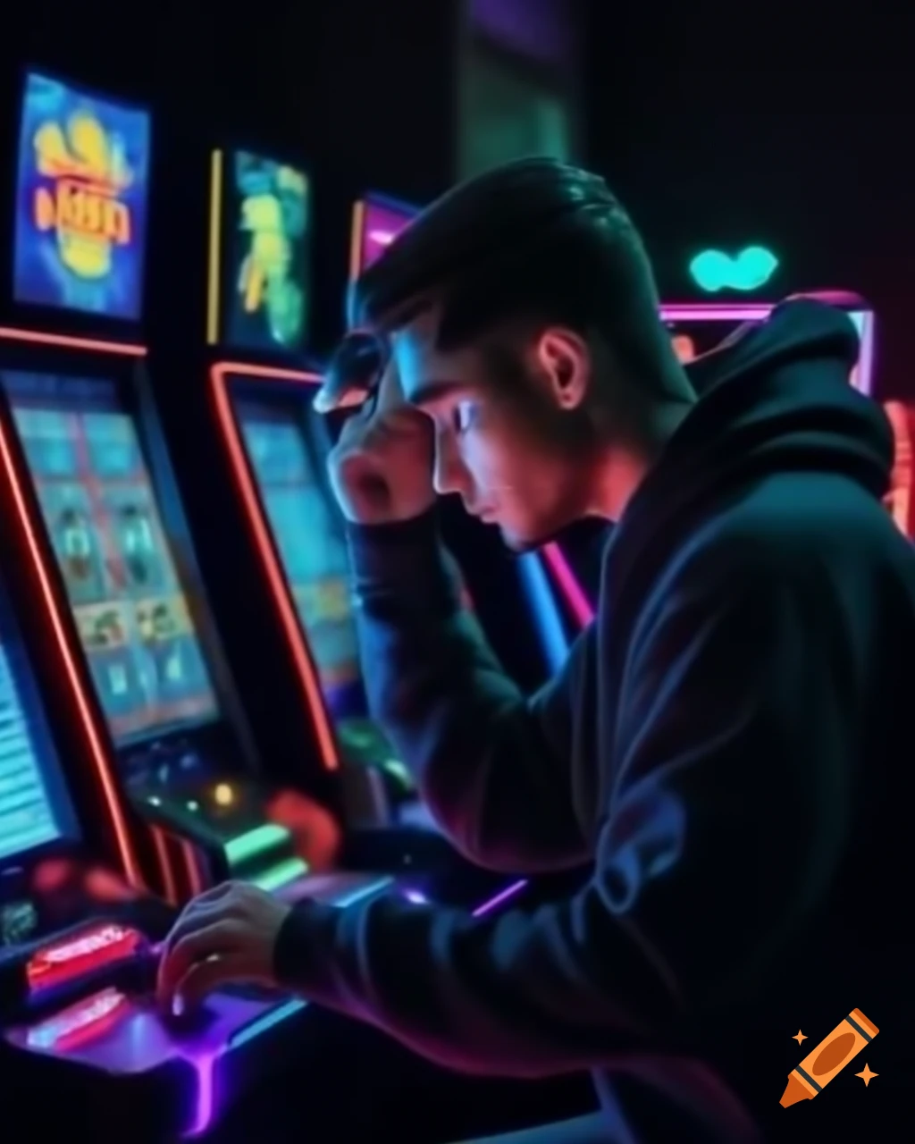 Sad man engaging with slot machines under neon lights, realistic ...