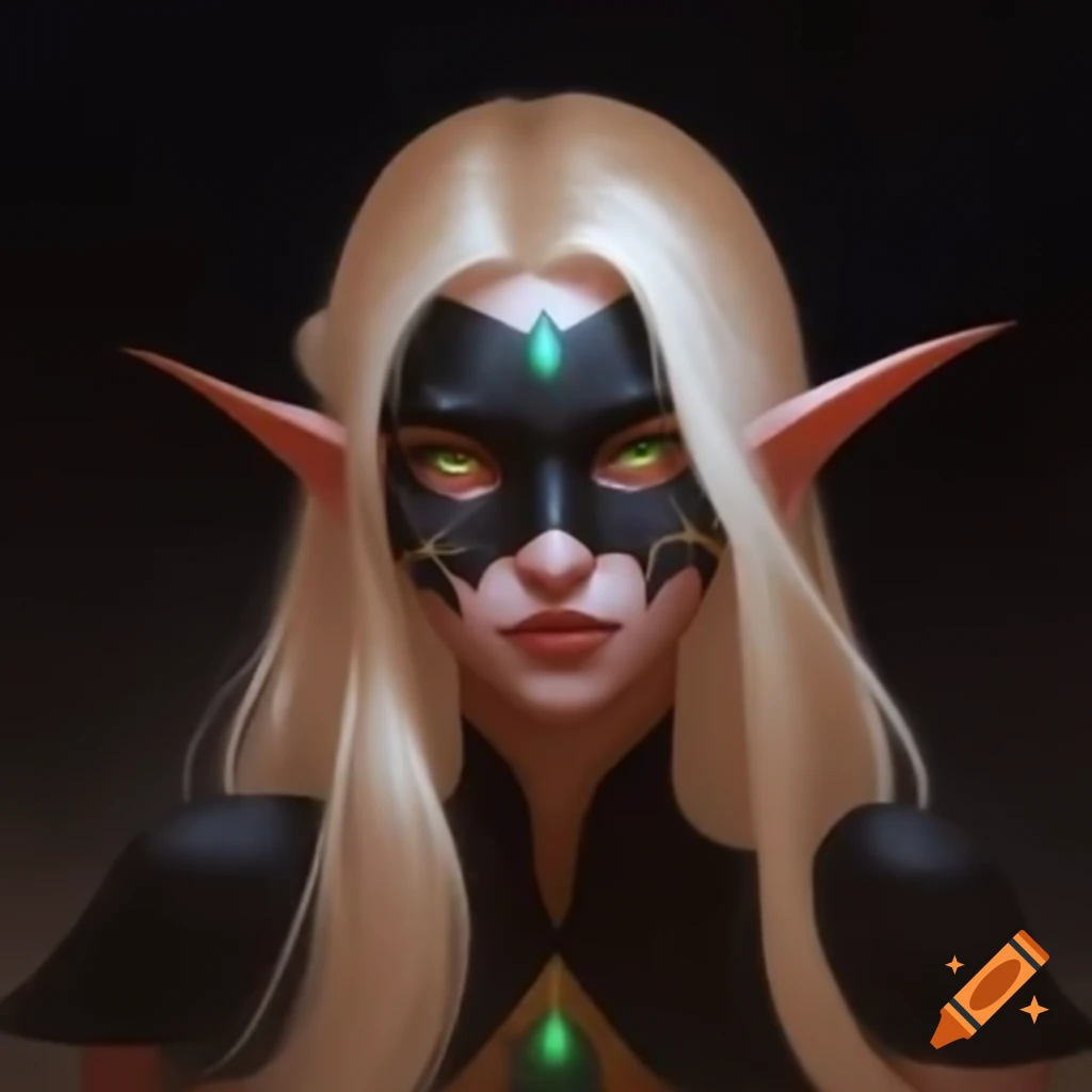 Elf maiden in black masquerade mask with emerald eyes and faint smile ...