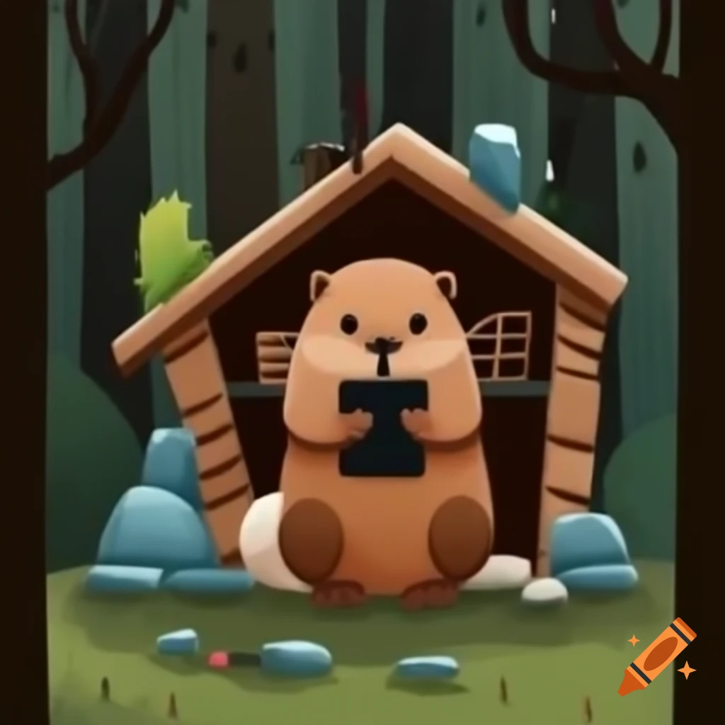 Beaver playing games on smartphone behind wooden house in forest on Craiyon