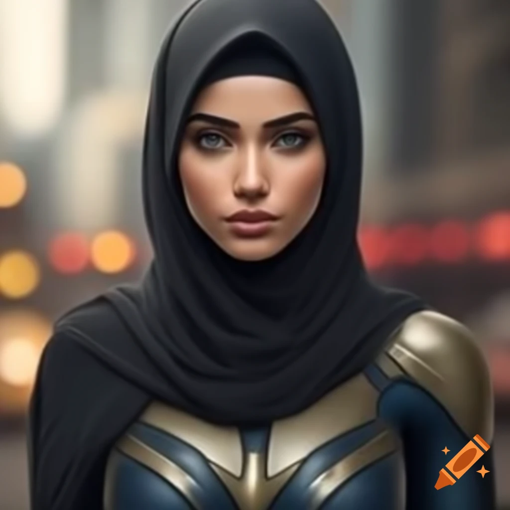 Female muslim superhero in hijab showcasing modesty on Craiyon