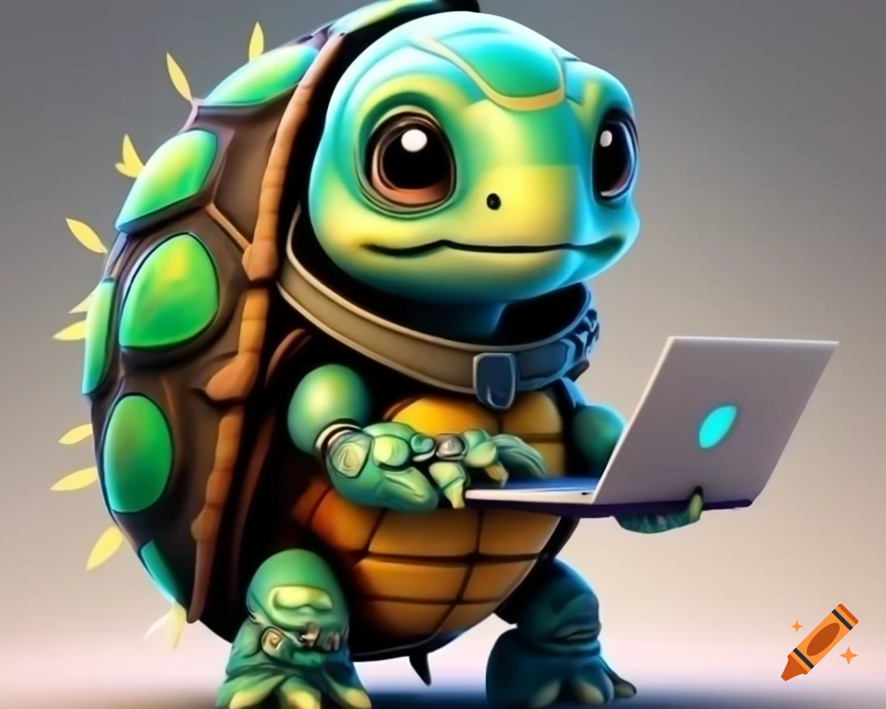 Cyber turtle cartoon avatar with a laptop on Craiyon
