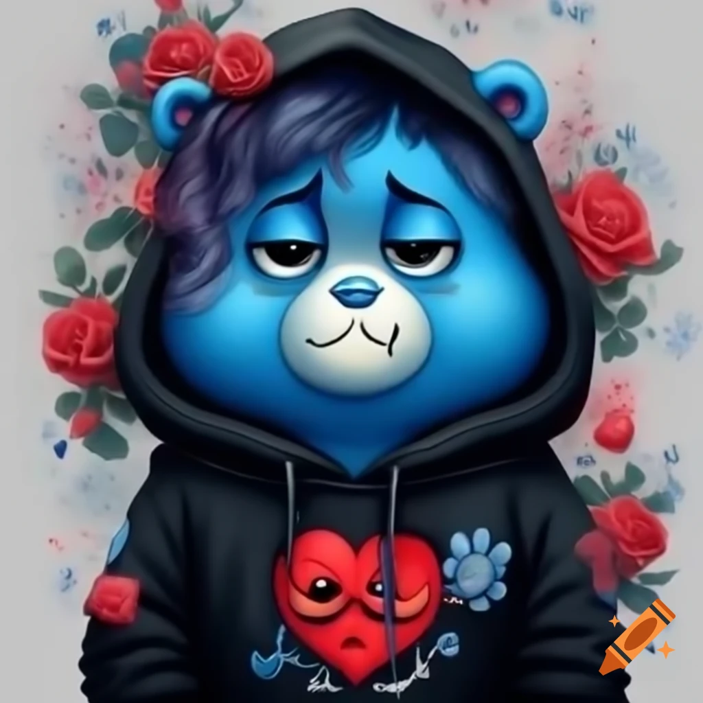 Grumpy blue care bear with black hoodie, broken red heart design, and ...
