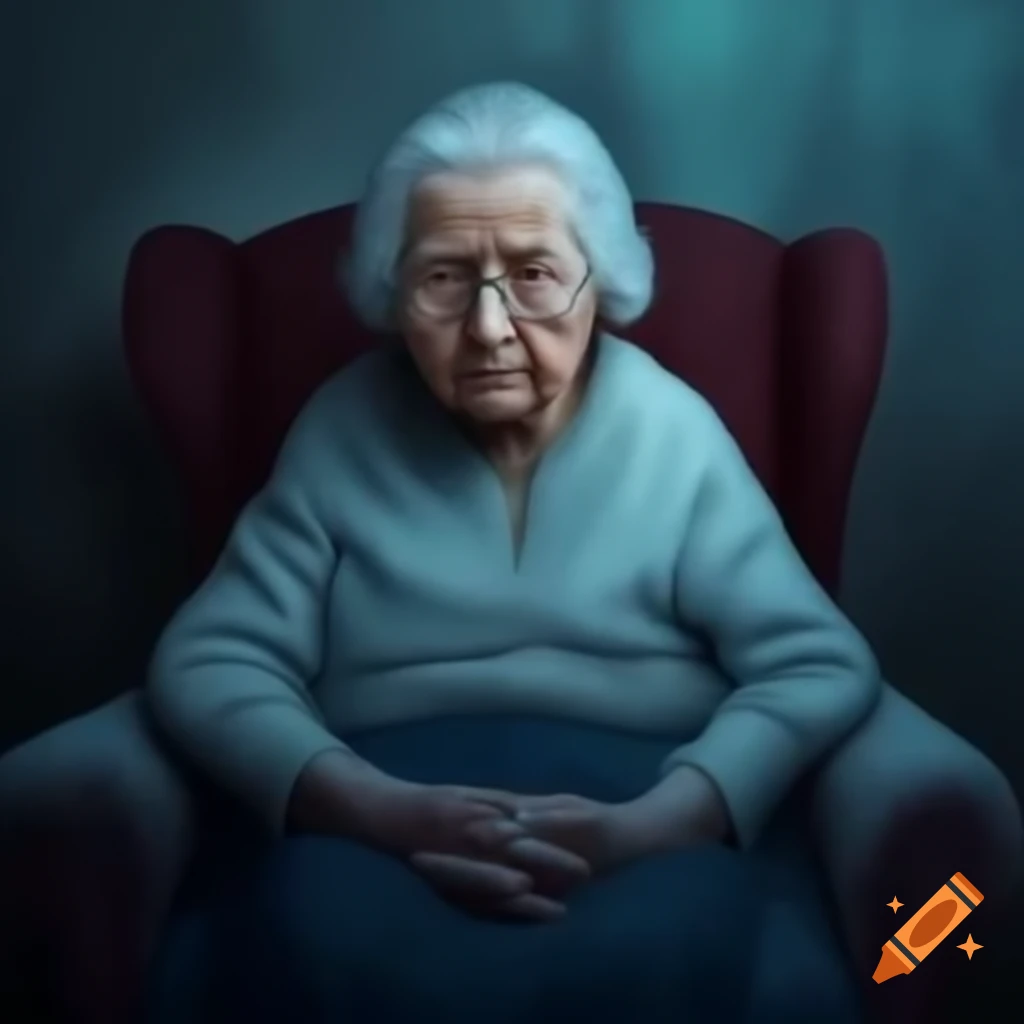 Elderly lady shivering in freezing cold with sad expression on Craiyon