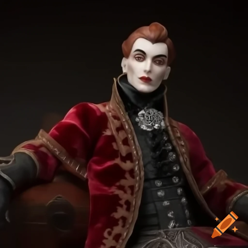 Male figure in opulent velvet and lace attire with jeweled tassels on ...