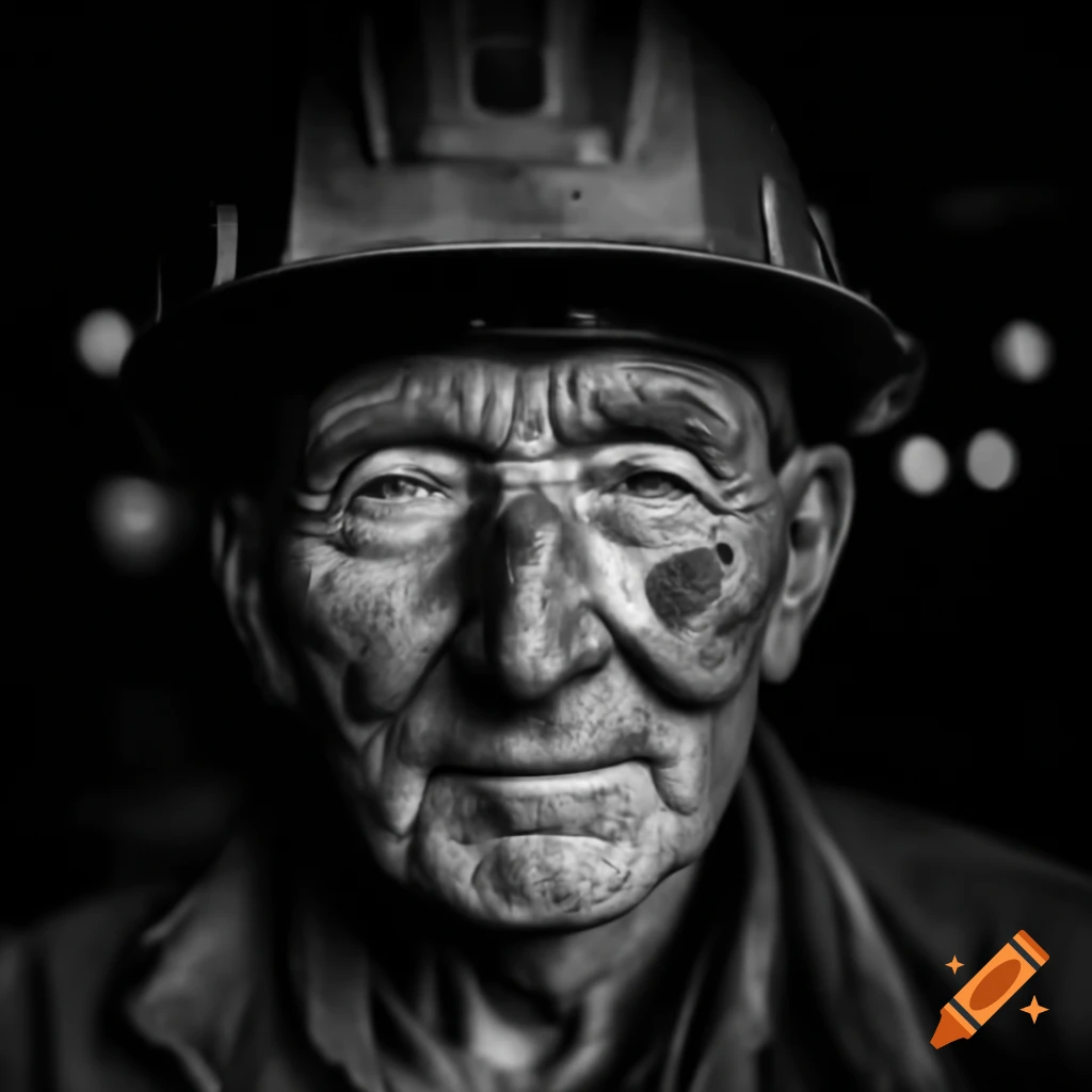 Black and white portrait of old male miner in coal shaft at night on ...