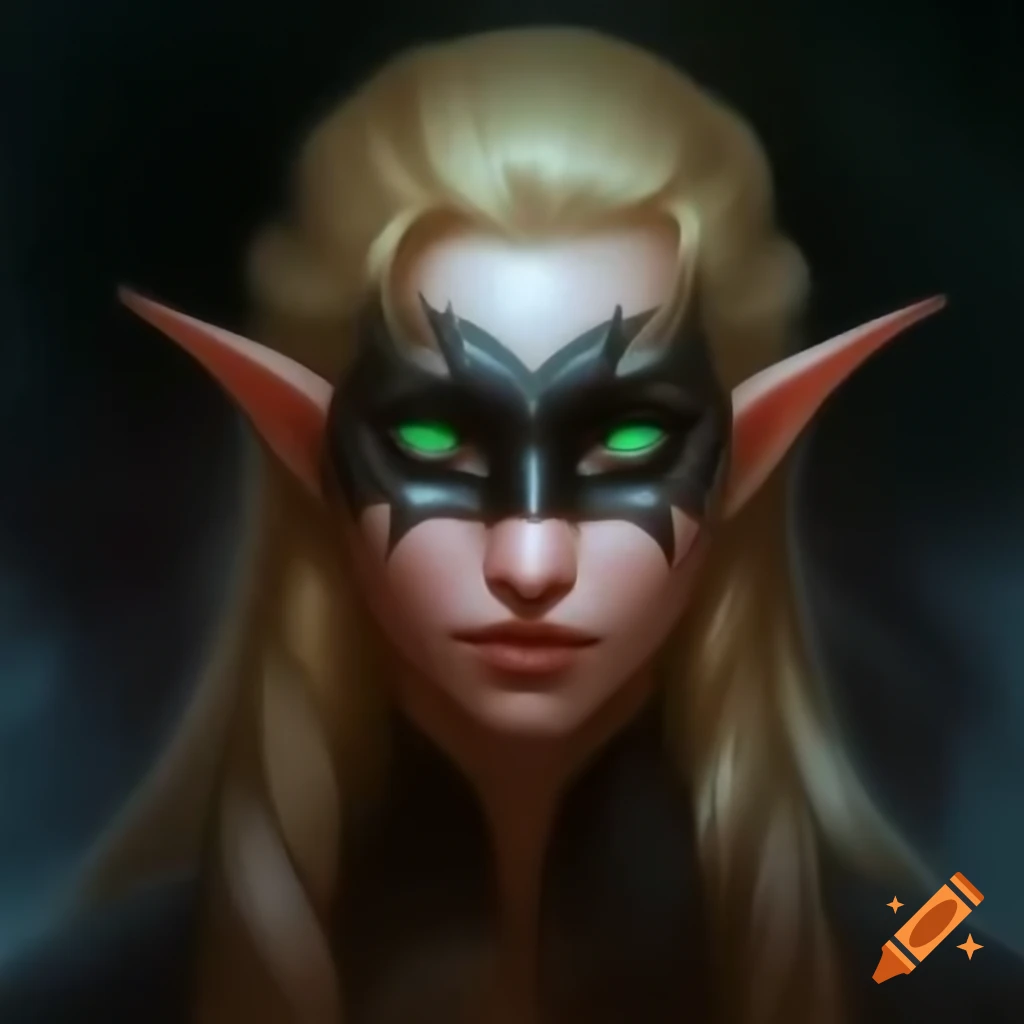 Elf maiden in masquerade mask with emerald eyes and faint smile on Craiyon