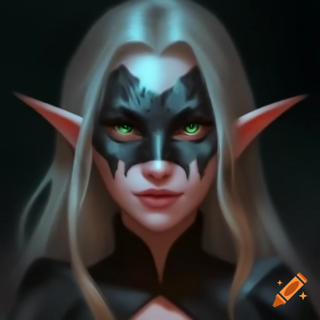 Gentle elf maiden with black masquerade mask and emerald eyes on Craiyon