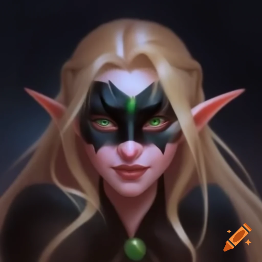 Gently smiling elf maiden with a black masquerade mask and emerald eyes ...